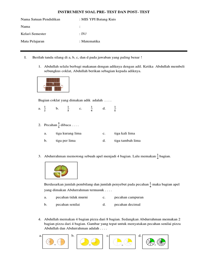 Soal Pretest dan Posttest Pecahan Kelas 4 | PDF