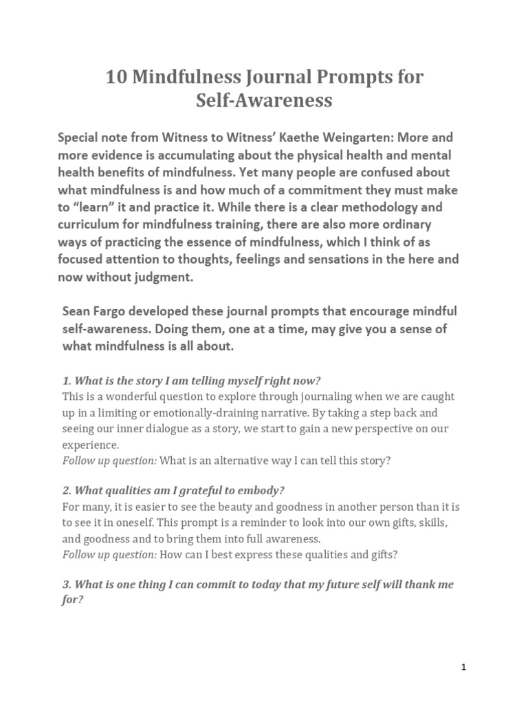 2 10 Mindfulness Journal Prompts For Self-Awareness | PDF | Mindfulness | Self Awareness