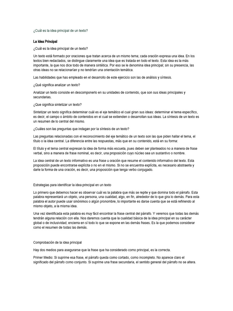 Cuál Es La Idea Principal de Un Texto | PDF | Oración (Lingüística) | Verbo