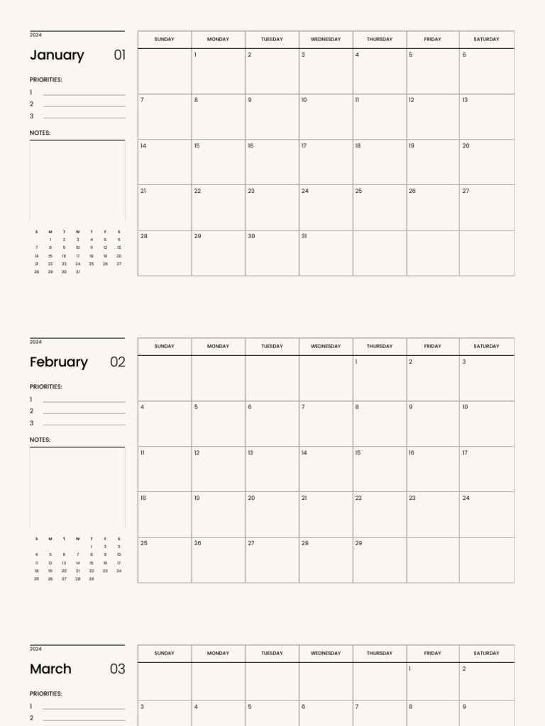 Beige Minimalist Planner 2024 Monthly Calendar | PDF