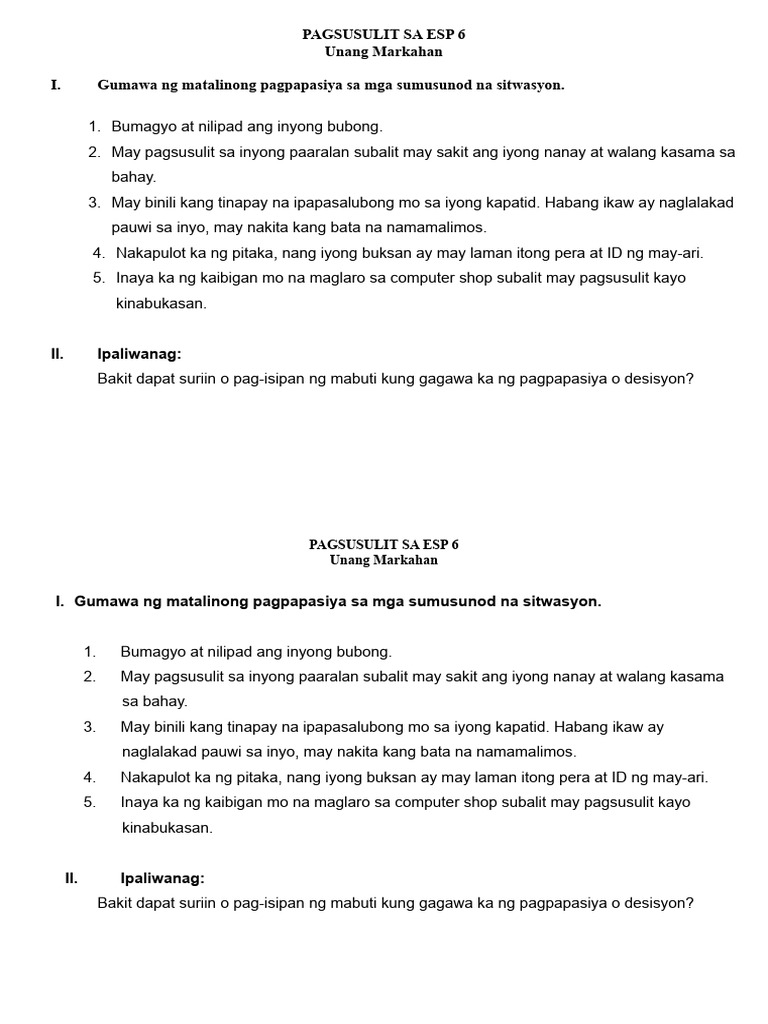 Pagsusulit Sa Esp 6 | PDF