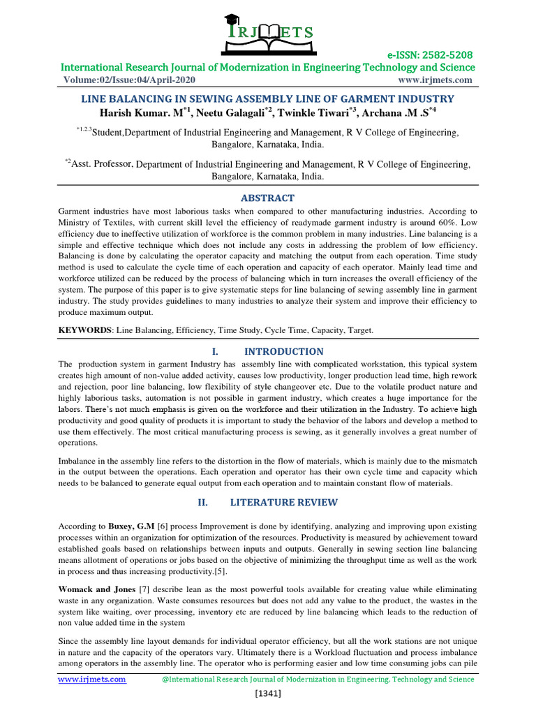 Line Balancing in Sewing Assembly Line of Garment Industry | PDF ...