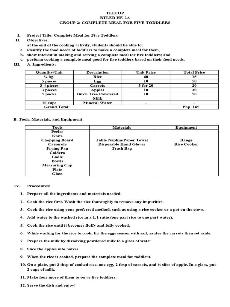 Meals For Toddlers Project Plan | PDF | Meal | Cooking