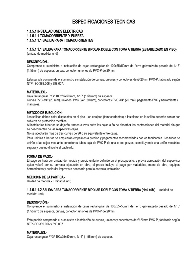 Especificaciones de Instalaciones Eléctricas | PDF | Conductor electrico | Cambiar
