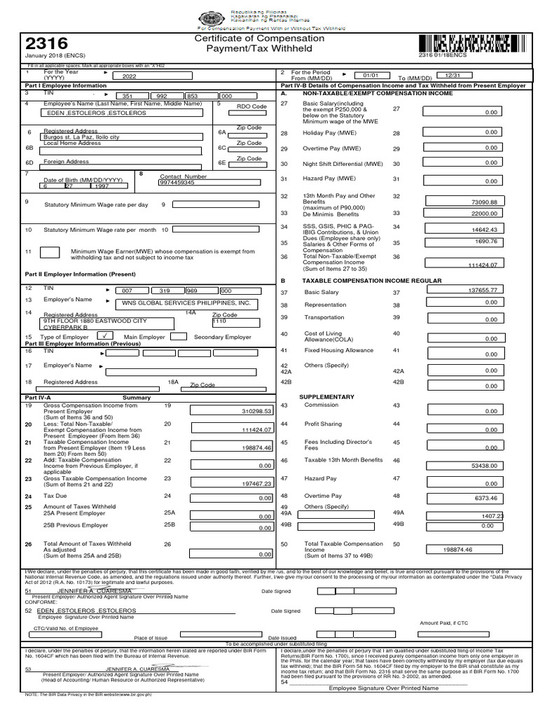 Bir Form 2316 | PDF | Cost Of Living | Employment