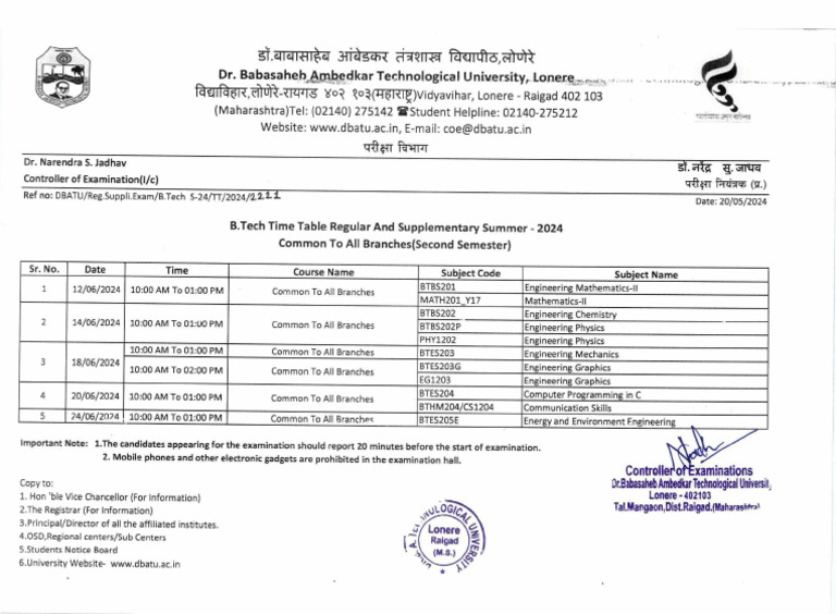 B.tech Regular and Supplementary Sem 2 Time Table | PDF