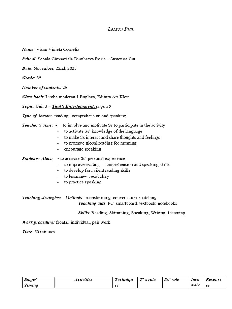 Plan Lectie CL 8 Art Klett Unit 3 | PDF | Reading Comprehension | Pedagogy