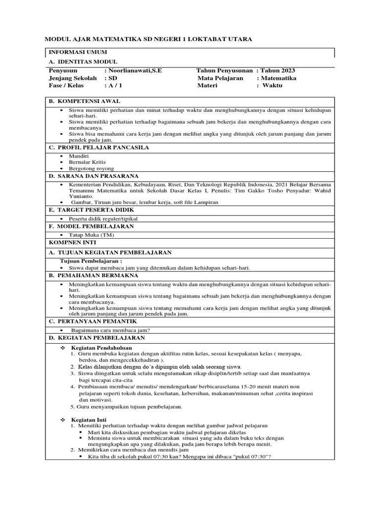 Modul Ajar Matematika SD: Waktu Kelas 1 | PDF | Kesehatan Holistik ...