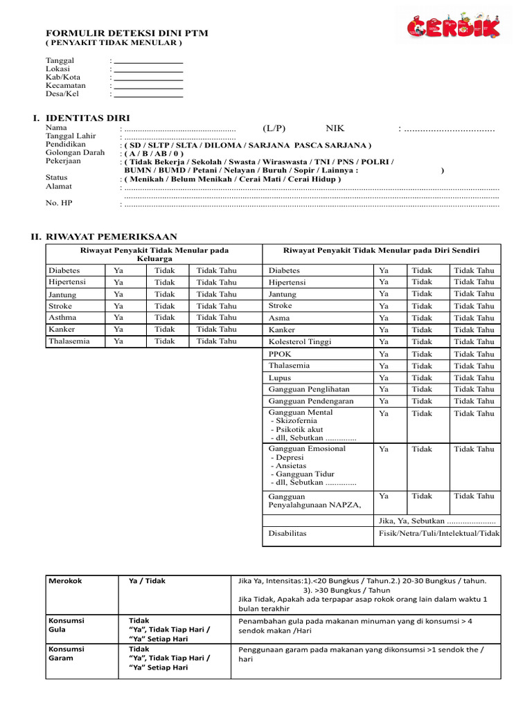 Formulir Deteksi Dini PTM Penyakit Tidak Menular | PDF