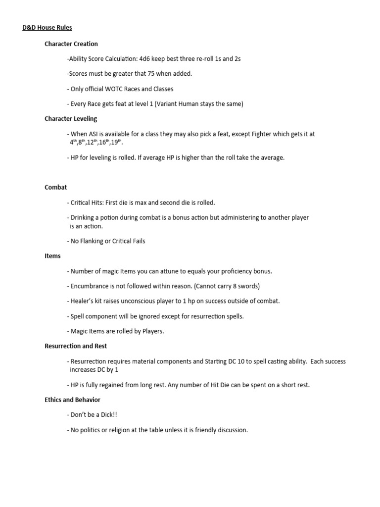 DnD House Rules PDF