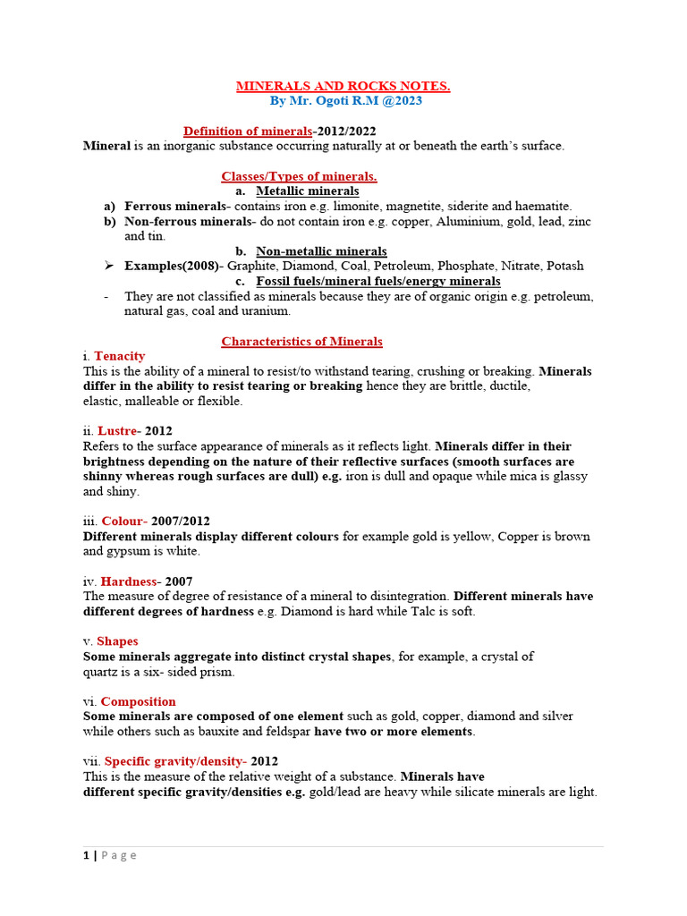 Minerals and Rocks Study Notes | PDF | Igneous Rock | Rock (Geology)