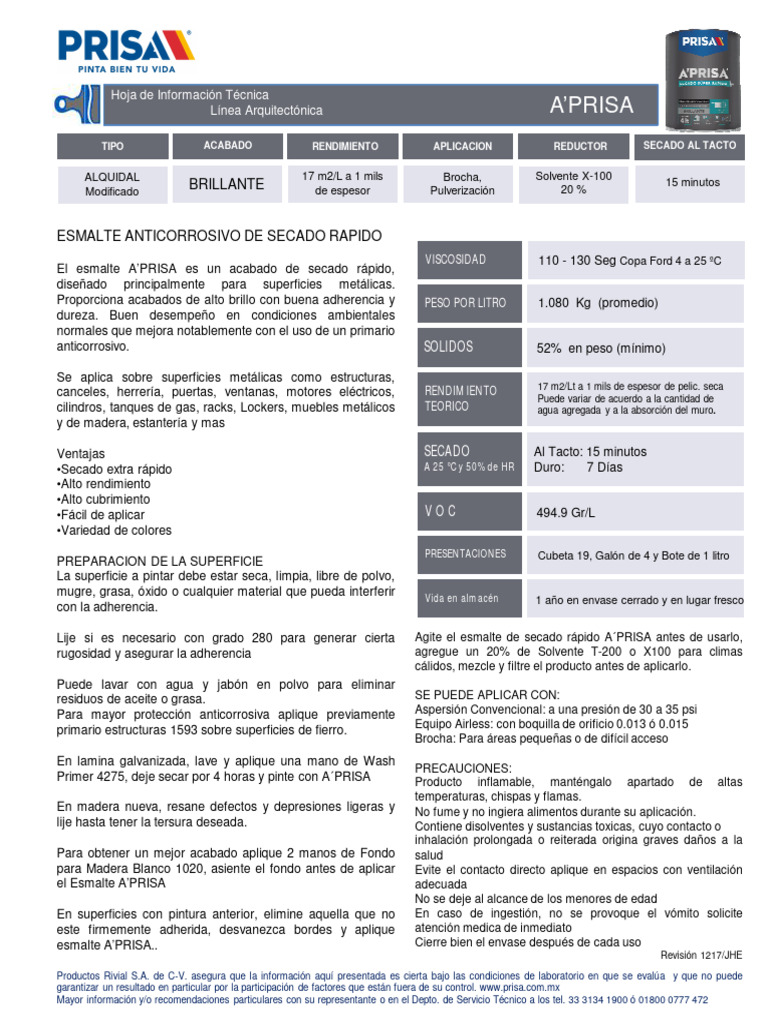 Esmalte Anticorrosivo A’PRISA: Secado Rápido | PDF | Agua | Pintar