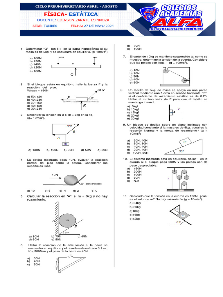 Problemas de Estática para Preuniversitario | PDF | Fricción | Tensión (Física)