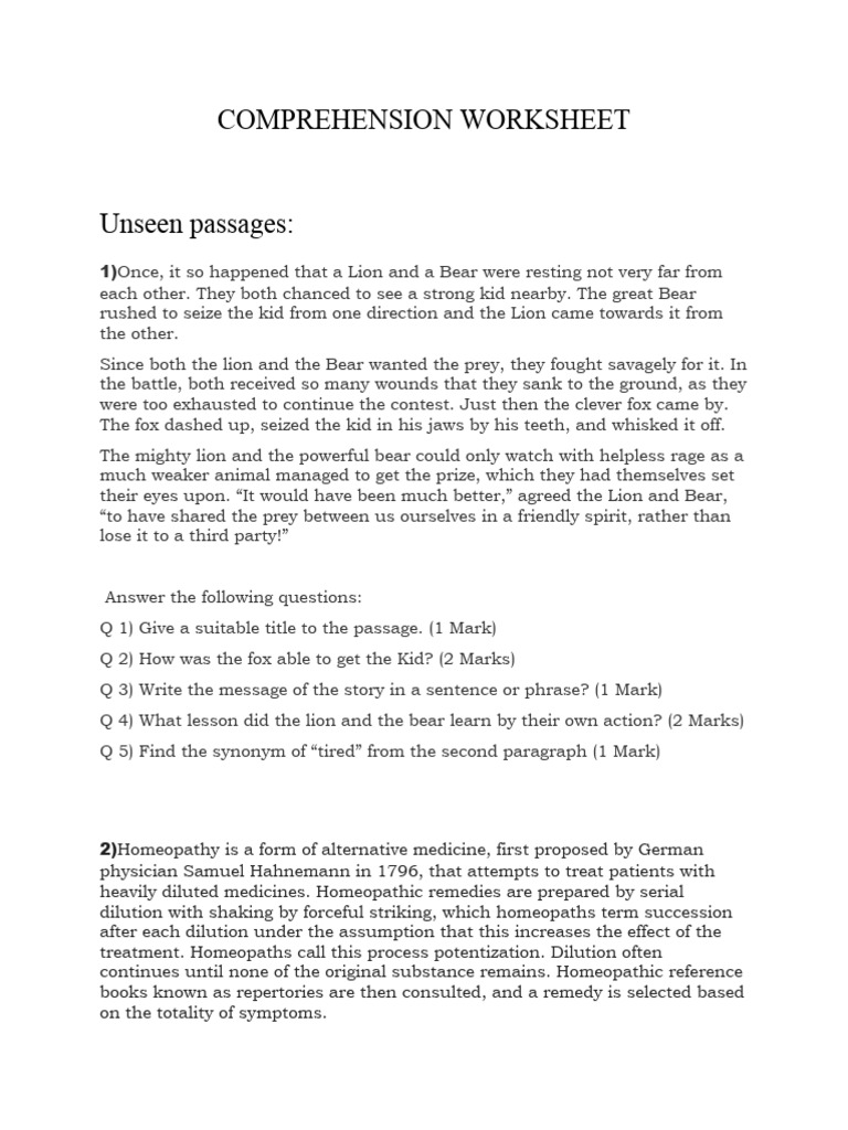 Comprehension Worksheet | PDF | Homeopathy | Medicine