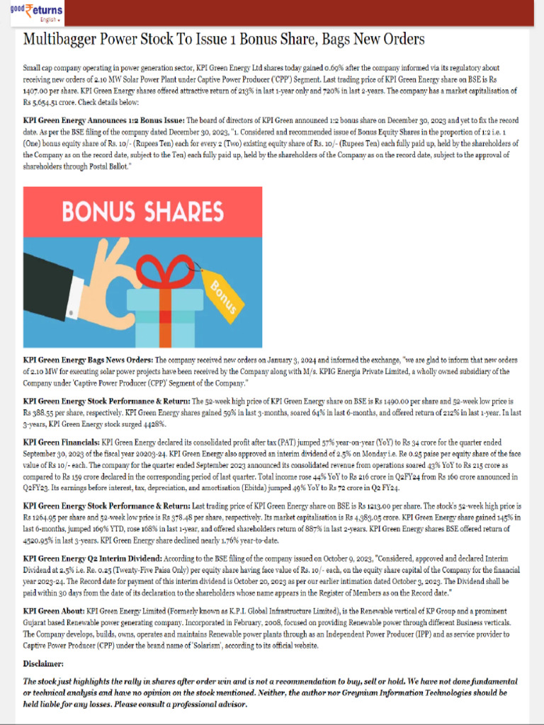 KPI - Multibagger Power Stock To Issue 1 Bonus Share Bags New Orders Goodreturns | PDF