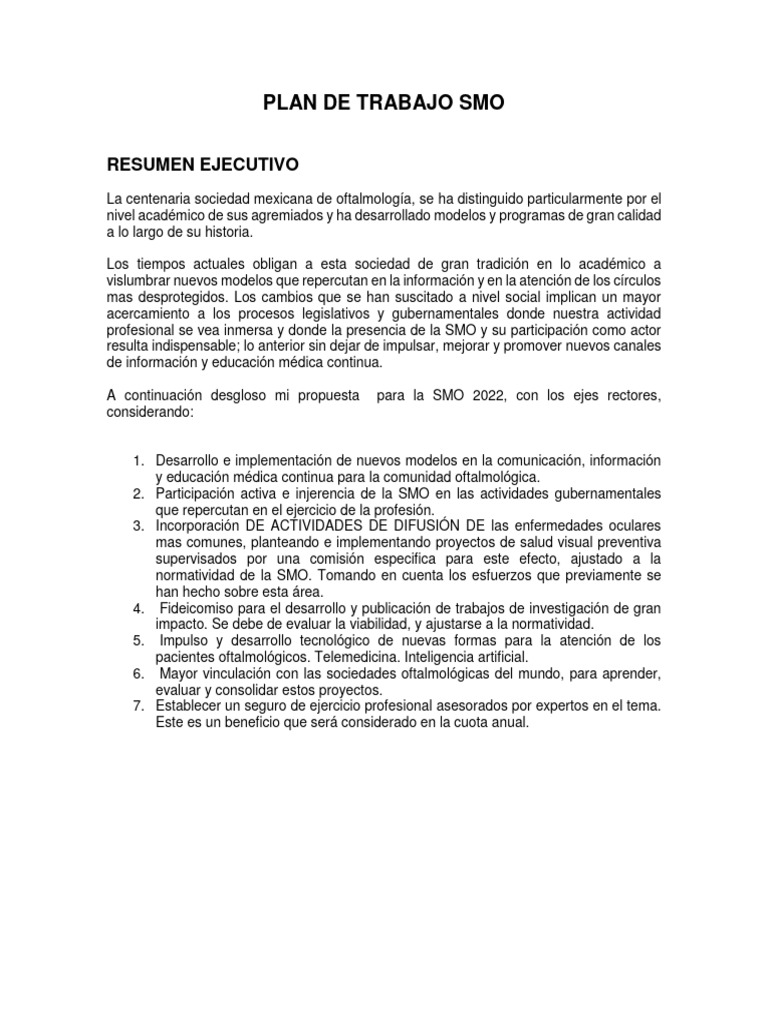 Plan de Trabajo Smo Integrado (Final) | Descargar gratis PDF | Oftalmología | Glaucoma
