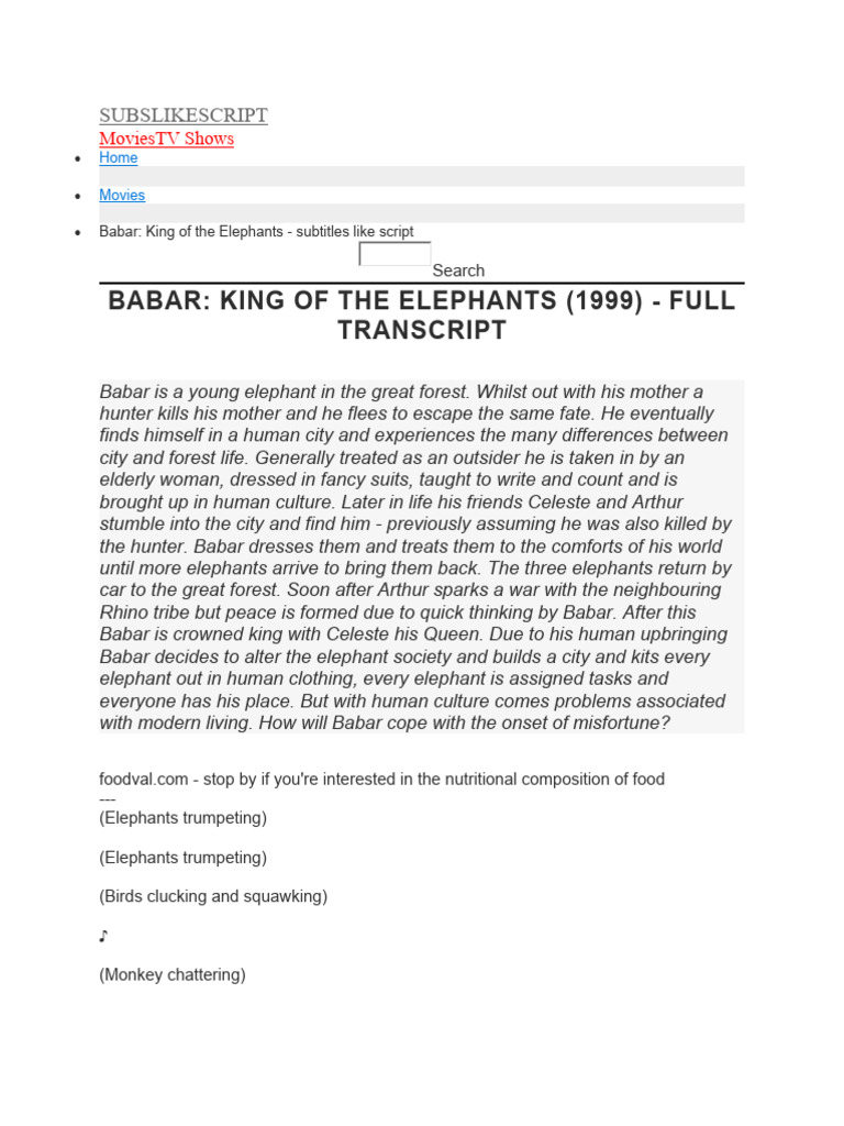 Babar: King of The Elephants (1999) - Full Transcript: Subslikescript | PDF | Poetry