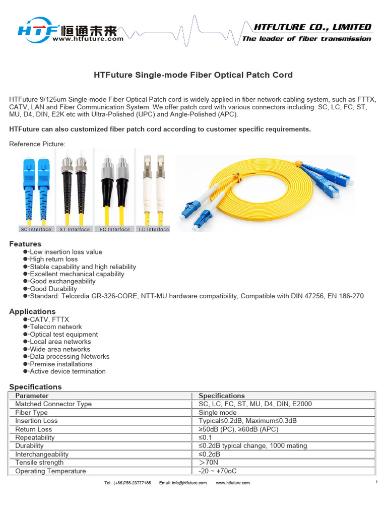 HTFuture Single-Mode Fiber Optical Patch Cord | PDF | Optical Fiber ...