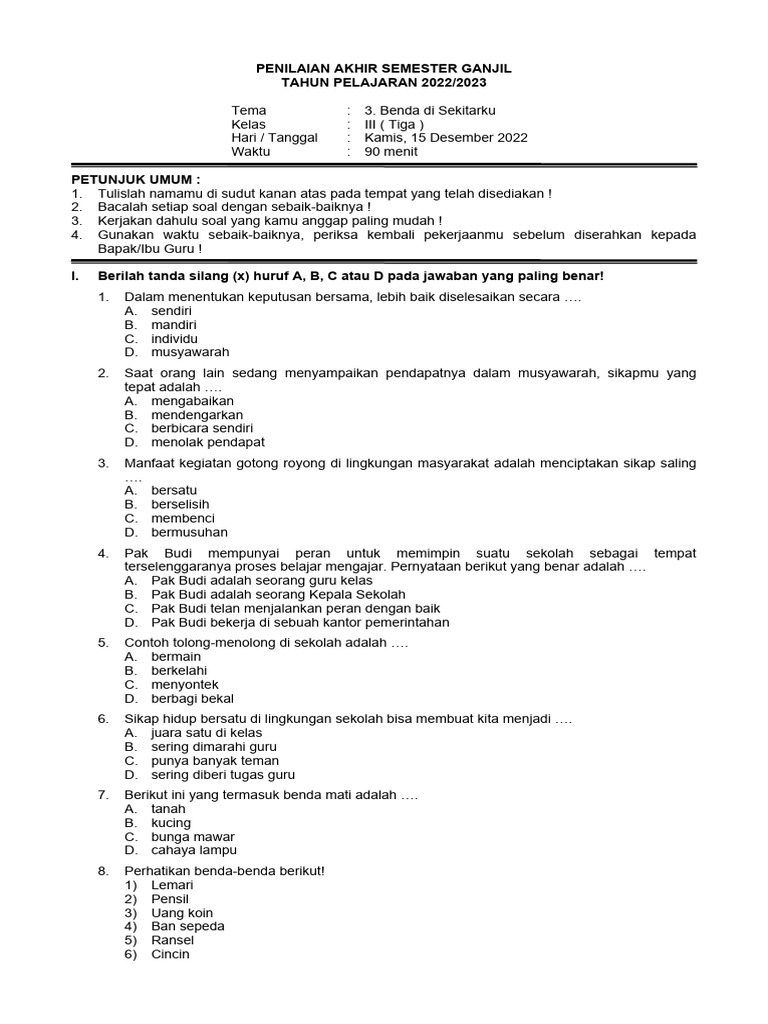 Soal Pas Kelas 3 Tema 3 | PDF | Seni