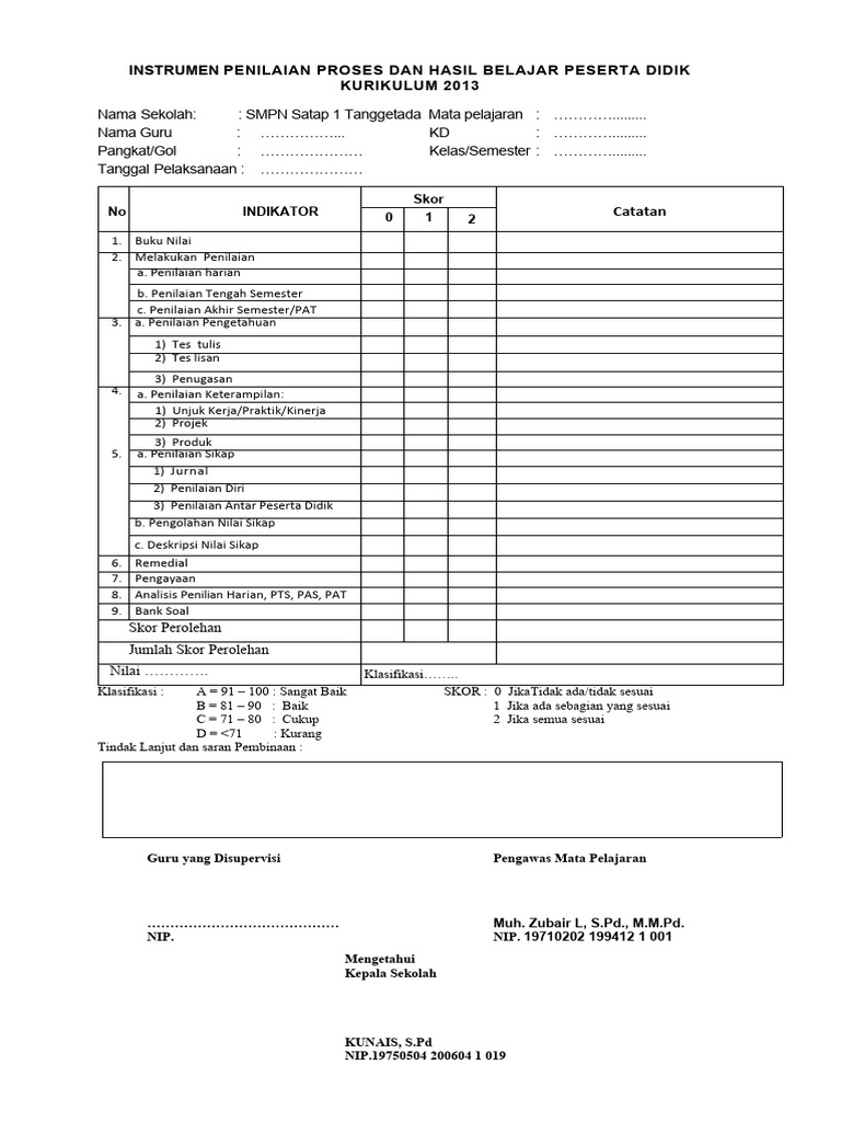 Instrumen Penilaian Kurikulum 2013 | PDF