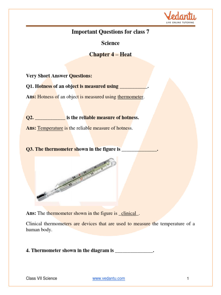 Important Questions For CBSE Class 7 Science Chapter 4 - Heat | PDF ...