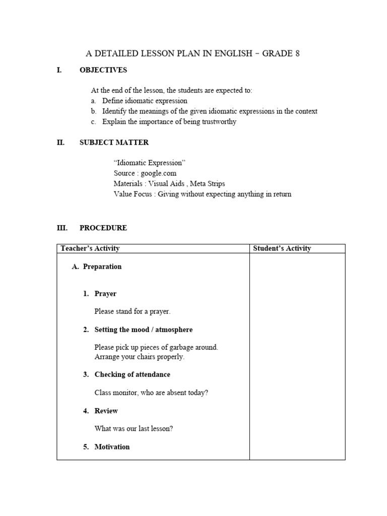 Grade 8 Lesson Plan: Idiomatic Expressions | PDF | Idiom | Lesson Plan