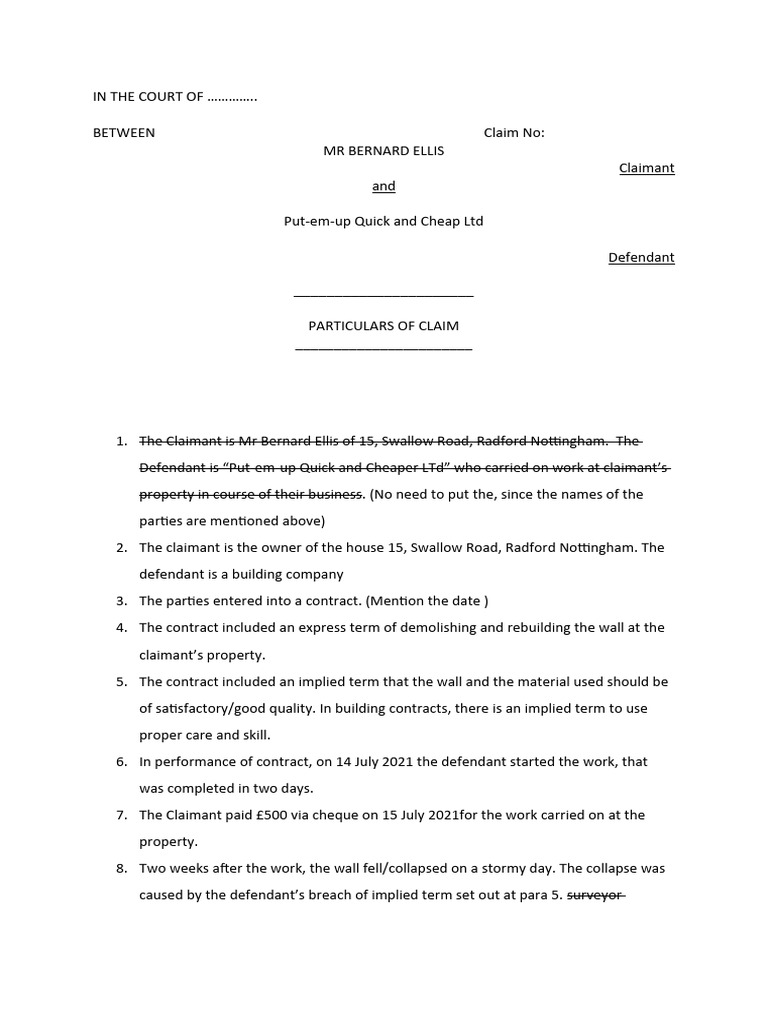 Seminar 4 particulars of claim | PDF | Damages | Breach Of Contract