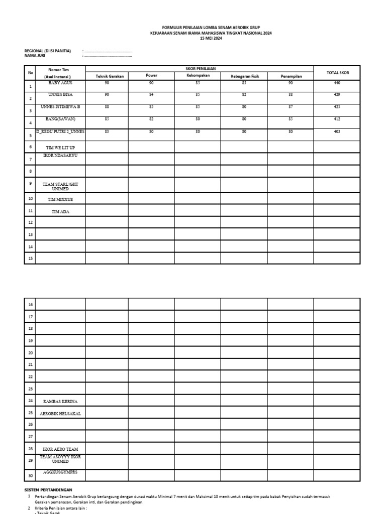 Format Penilaian Lomba Senam Aerobik | PDF