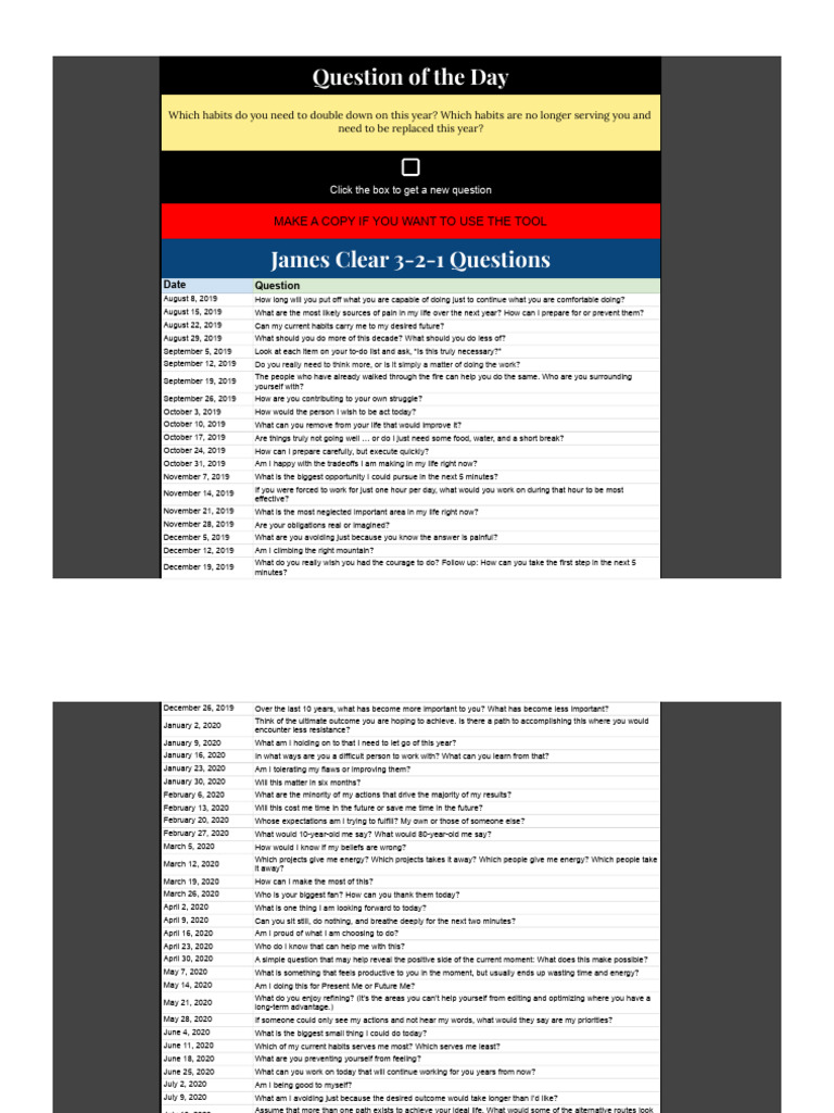 James Clear 3-2-1 Questions - Sheet1 | PDF | Disciplines