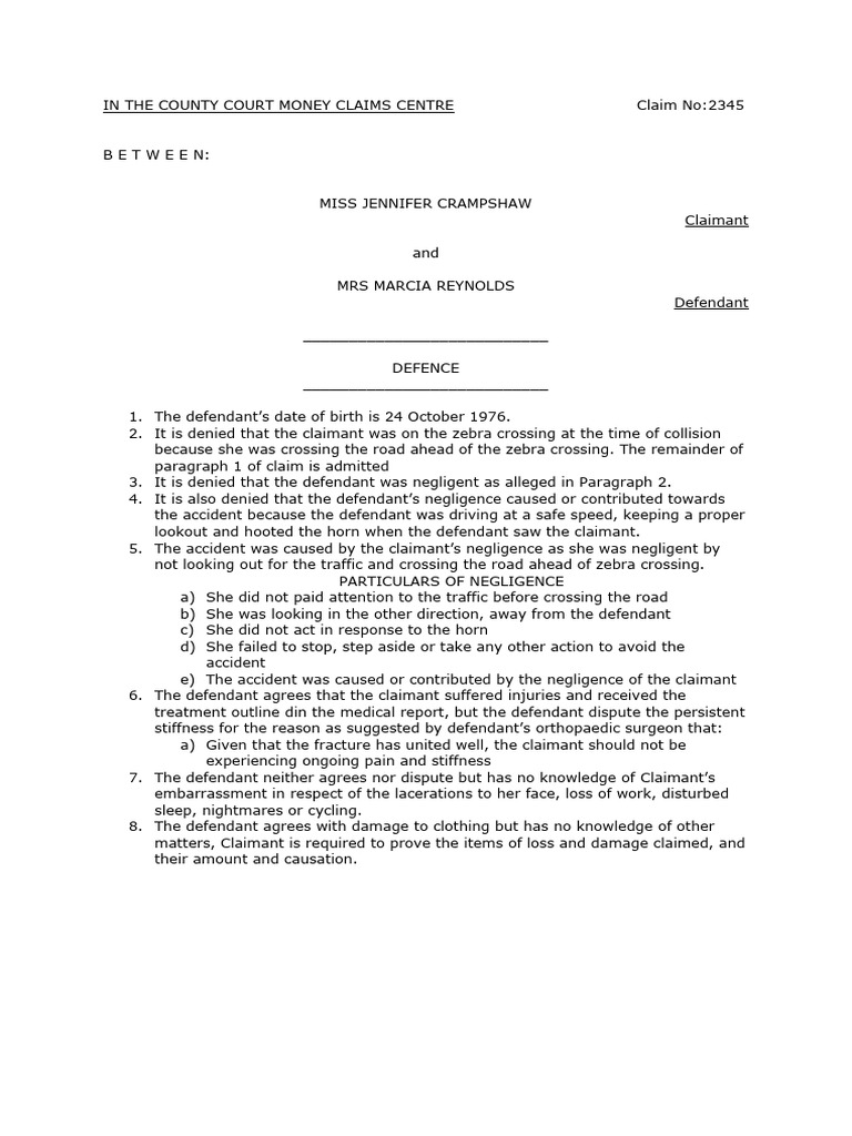 drafting defence sample | Download Free PDF | Negligence | Common Law