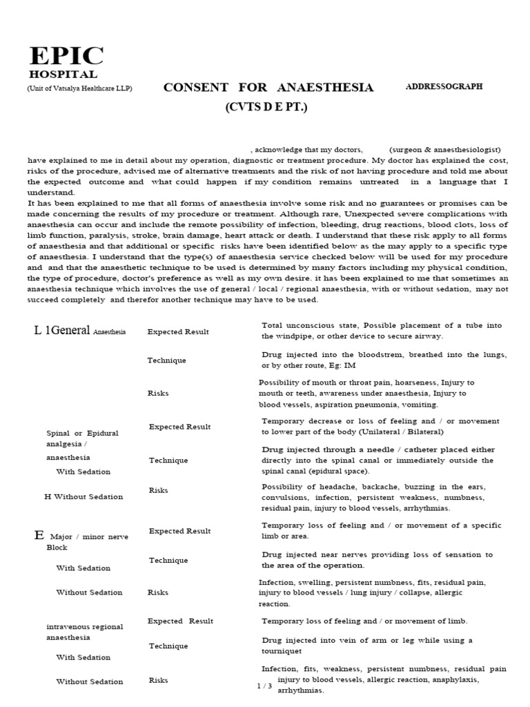 Anesthesia Consent Form | PDF | Anesthesia | Clinical Medicine