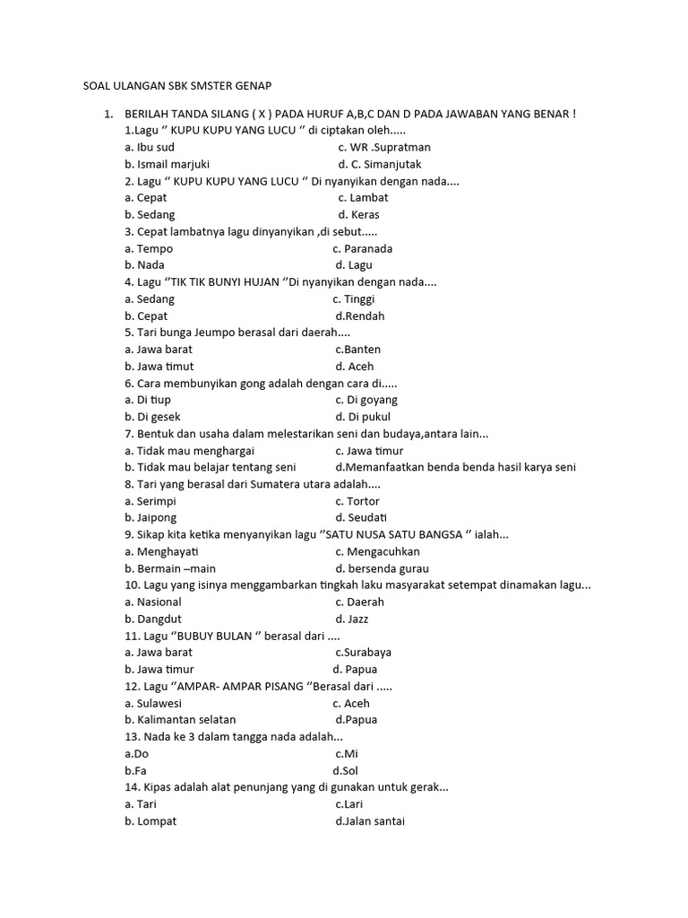 Soal Ulangan SBK Smster Genap | PDF
