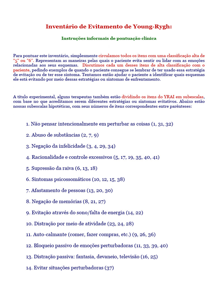 Inventário de Evitamento Young-Rygh: Pontuação | PDF