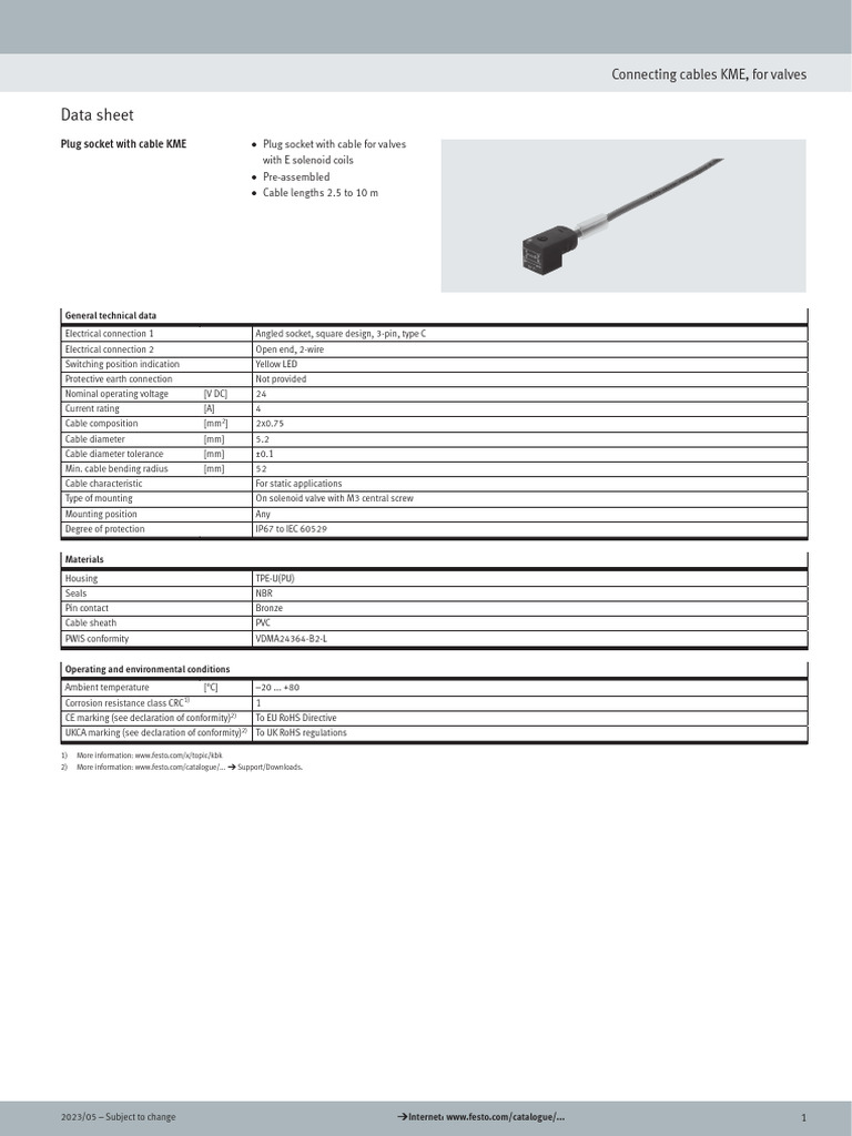 Data Sheet: - Plug Socket With Cable For Valves With E Solenoid Coils - Pre-Assembled - Cable ...
