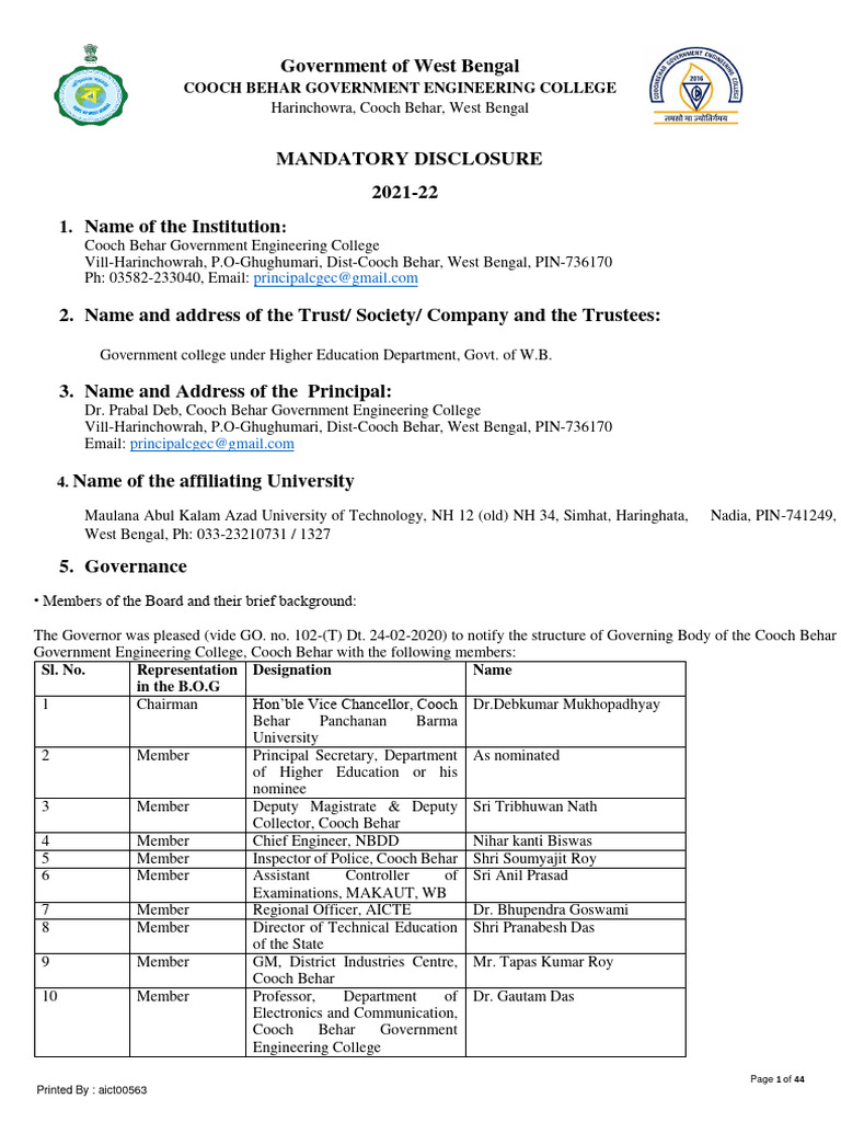 Mandatory Disclosure Cgec 2022 | PDF | Diploma | Doctor Of Philosophy