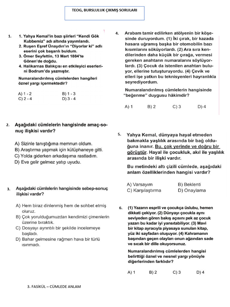 8.sinif Turkce Cumlede Anlam Cikmis Test Sorulari Ve Cevaplari | PDF