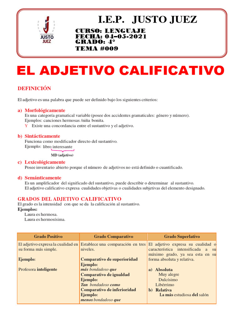 4° Adjetivo | PDF | Adjetivo | Sustantivo