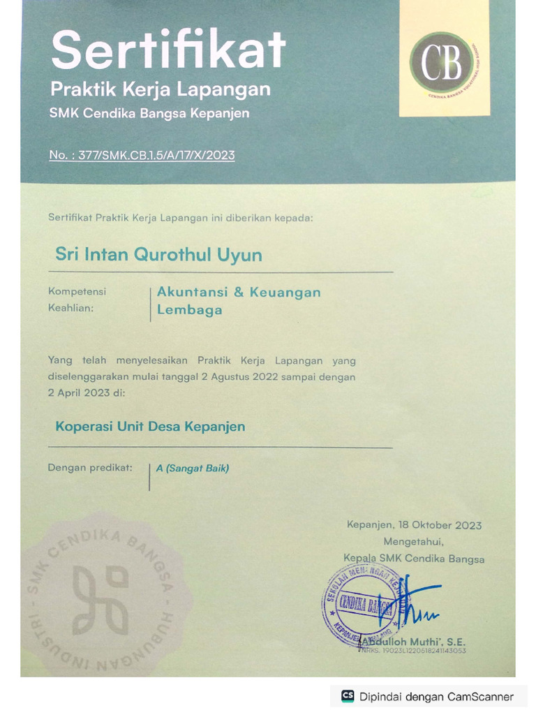 Sertifikat PKL- Sri Intan Qurothul Uyun | PDF