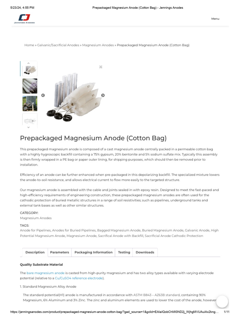 Prepackaged Magnesium Anode (Cotton Bag) - Jennings Anodes | PDF ...