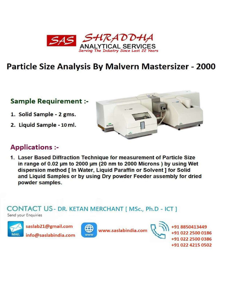 Particle Size Analysis by Malvern Mastersizer 2000 | PDF