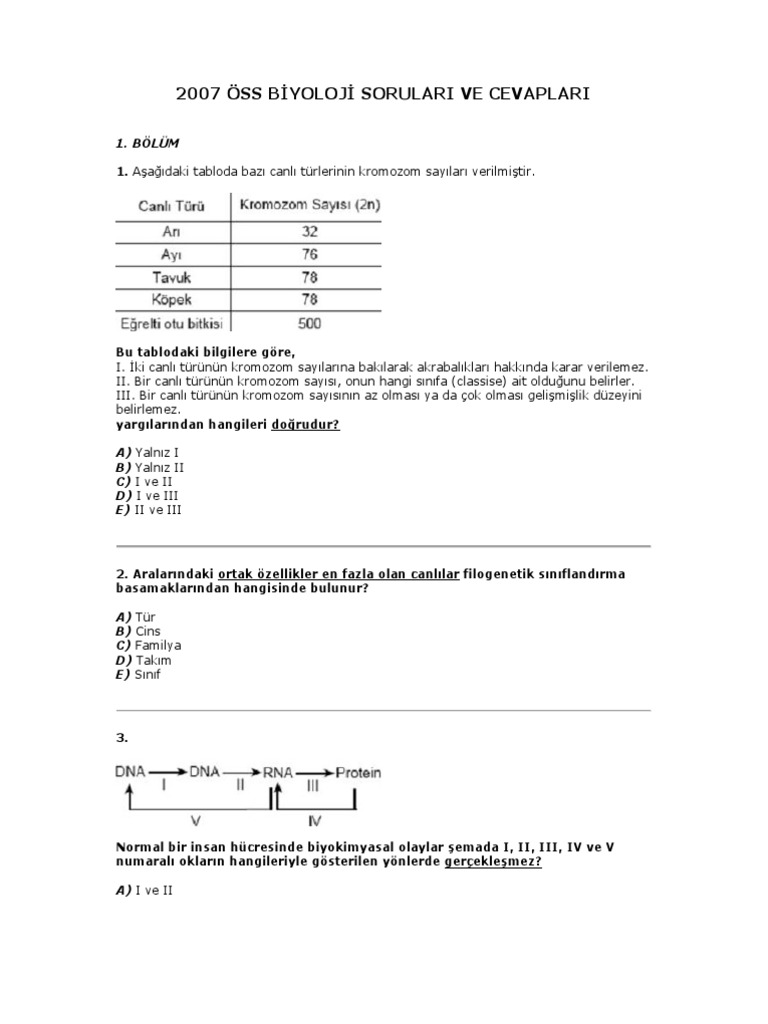 2007 Öss Bi̇yoloji̇ Sorulari Ve Cevaplari | PDF