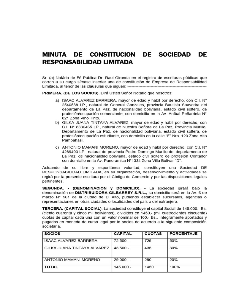 Minuta de Constitucion Guilbarrey S.R.L. | PDF | Bolivia
