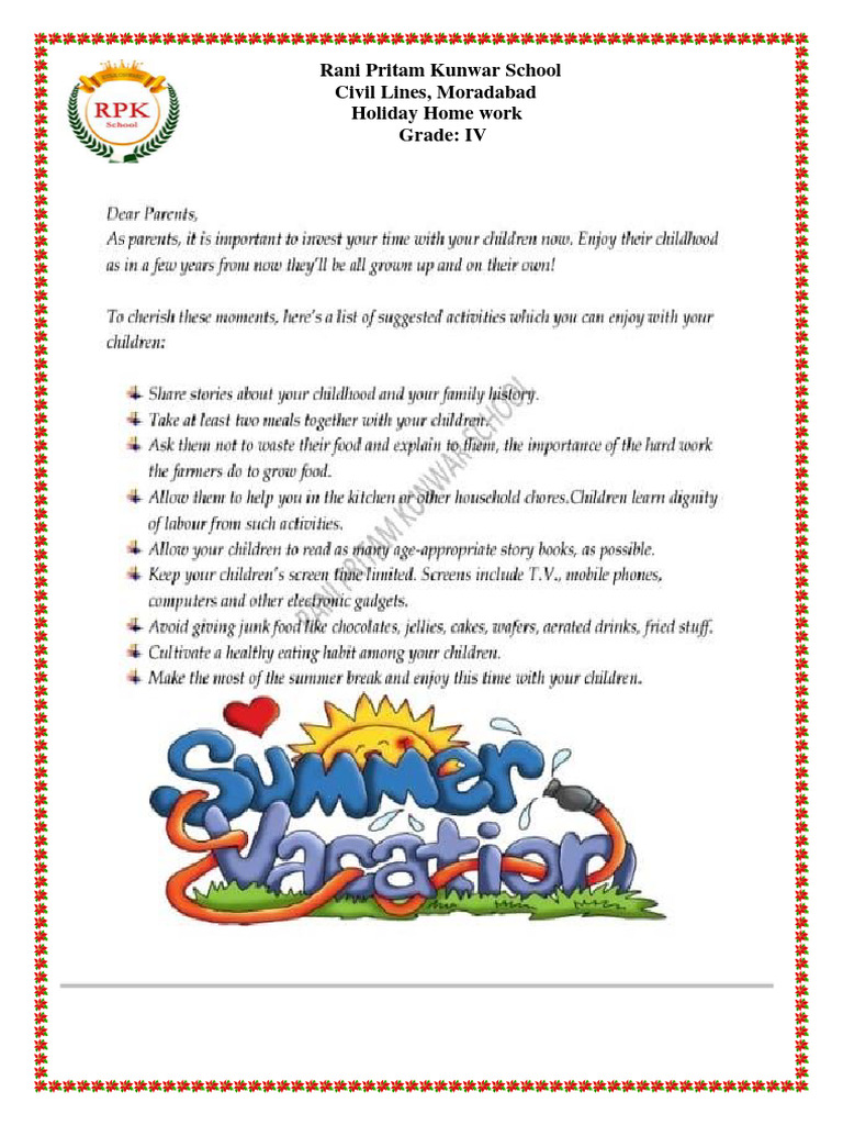 Grade IV Holiday Homework Assignments | PDF