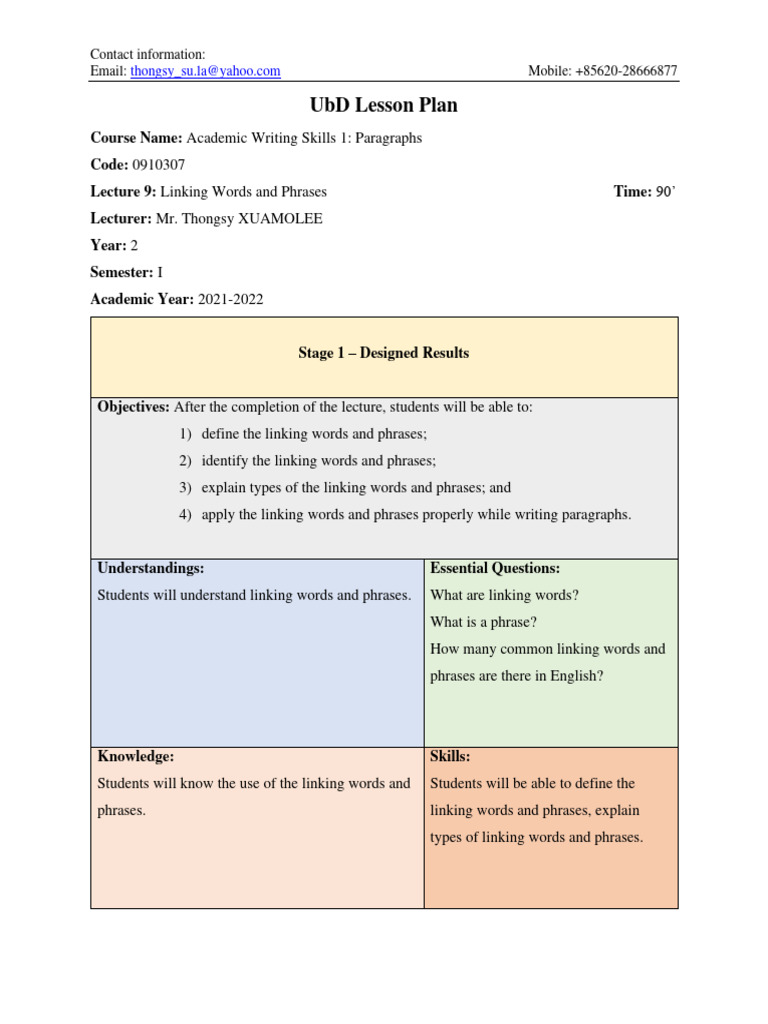 Leson plan for lecture 9 - Linking Words and Phrases | PDF | Subject ... Leson plan for lecture 9 - Linking Words and Phrases | PDF | Subject ...