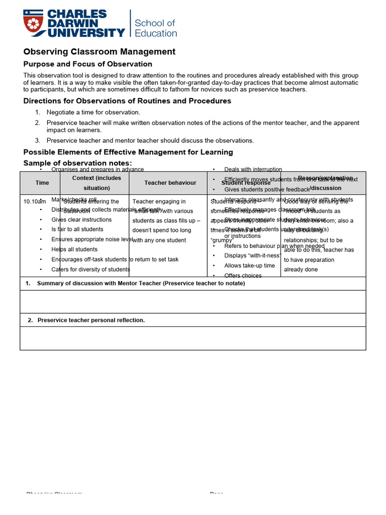 Classroom Management Observation Guide | PDF | Teachers | Mentorship