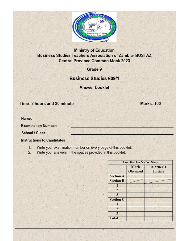 Grade 9 Business Studies Mock Exam 2023 | PDF