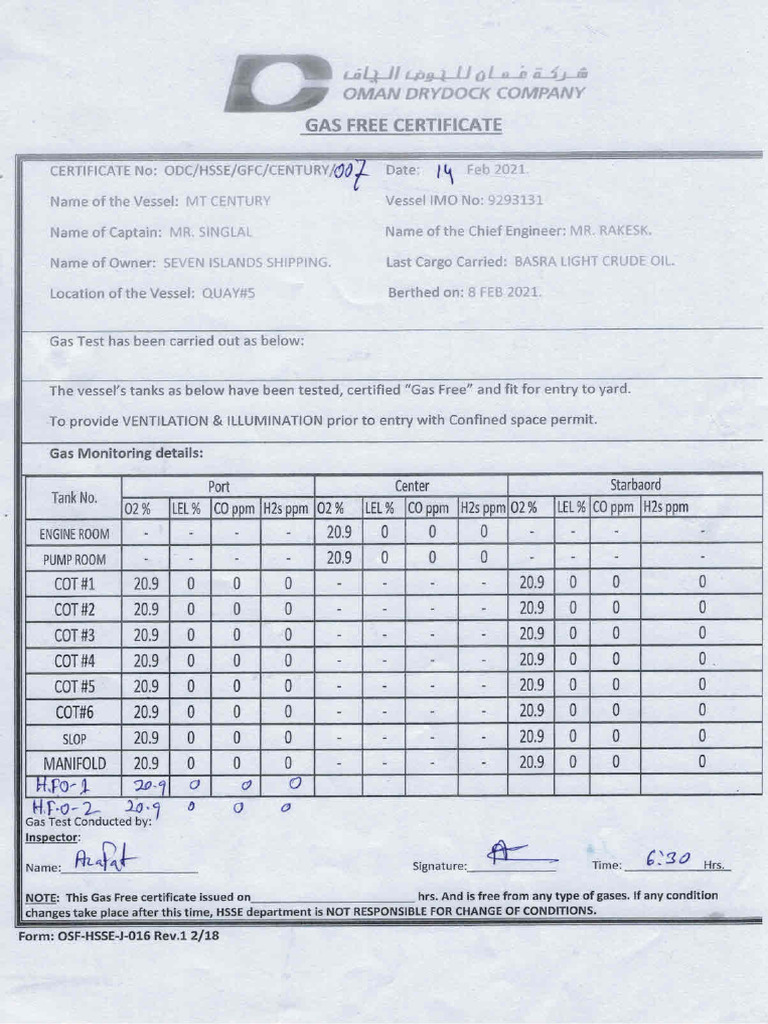 Gas Free Certificate 14.02.2021 | PDF
