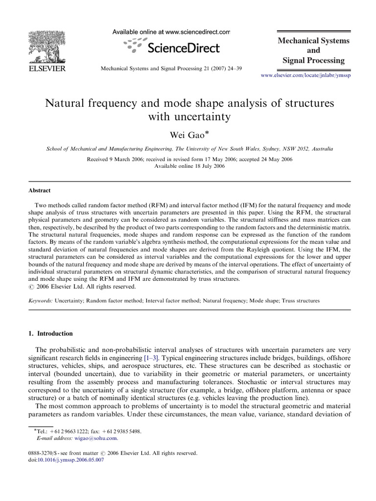 Gao2007 Natural Frequency and Mode Shape Analysis of Structures With Uncertainty | PDF | Matrix ...