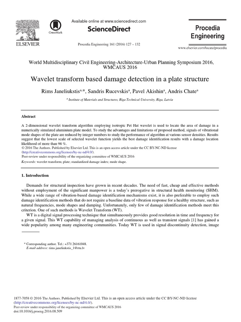 Janeliukstis2016 Wavelet Transform Based Damage Detection in A Plate Structure | PDF | Wavelet ...