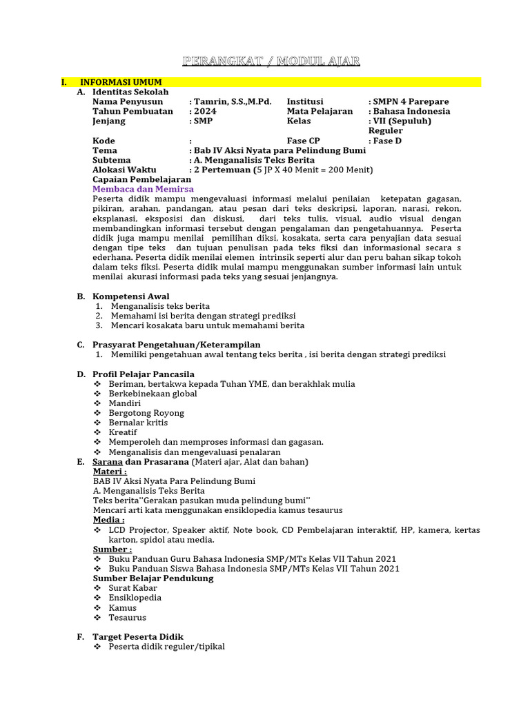 Modul Ajar Minggu Ke 1 Subb A | PDF